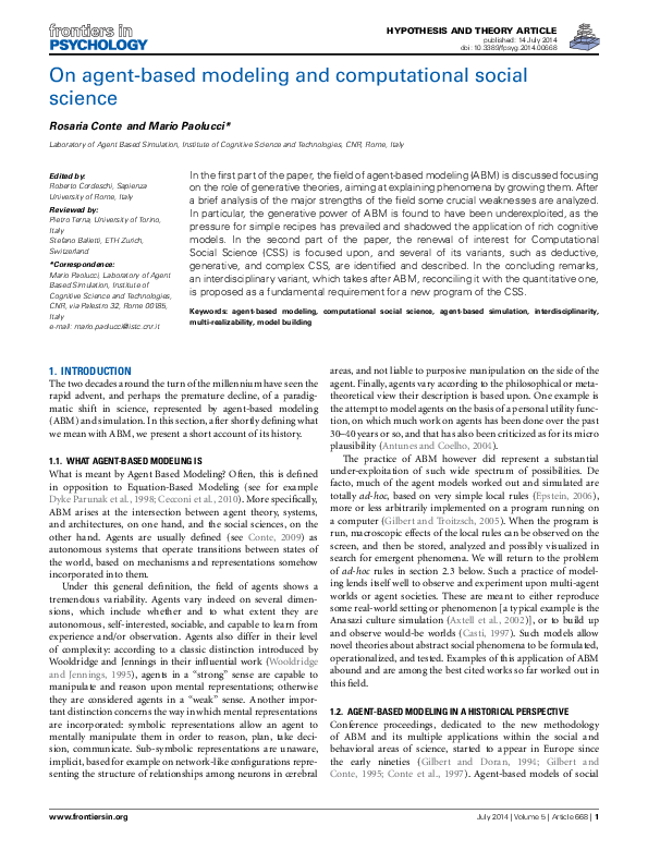 Pdf On Agent Based Modeling And Computational Social Science Mario