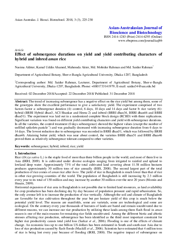 Pdf Effect Of Submergence Durations On Yield And Yield Contributing