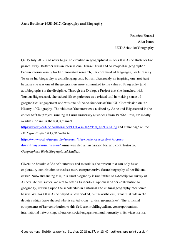 (PDF) [with Alun Jones], Anne Buttimer (1938-2017), Geographers ...