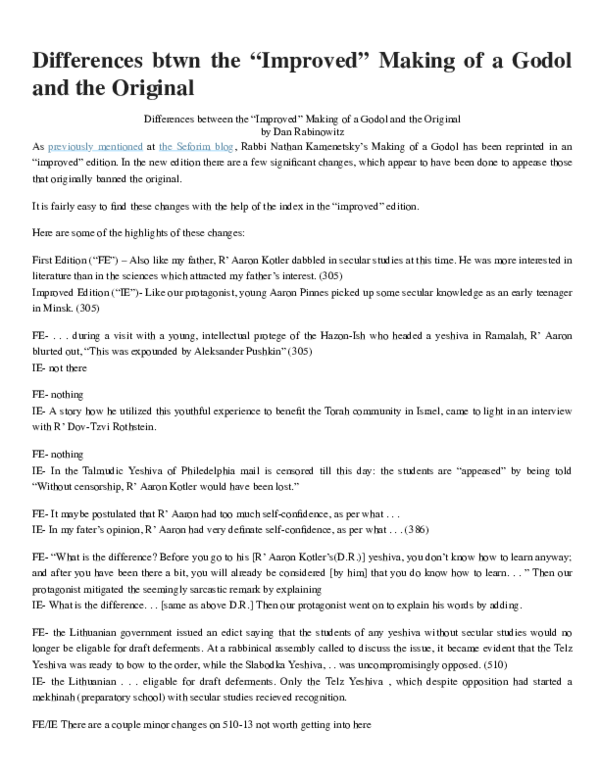 (PDF) Differences btwn the "Improved" Making of a Godol and the Original