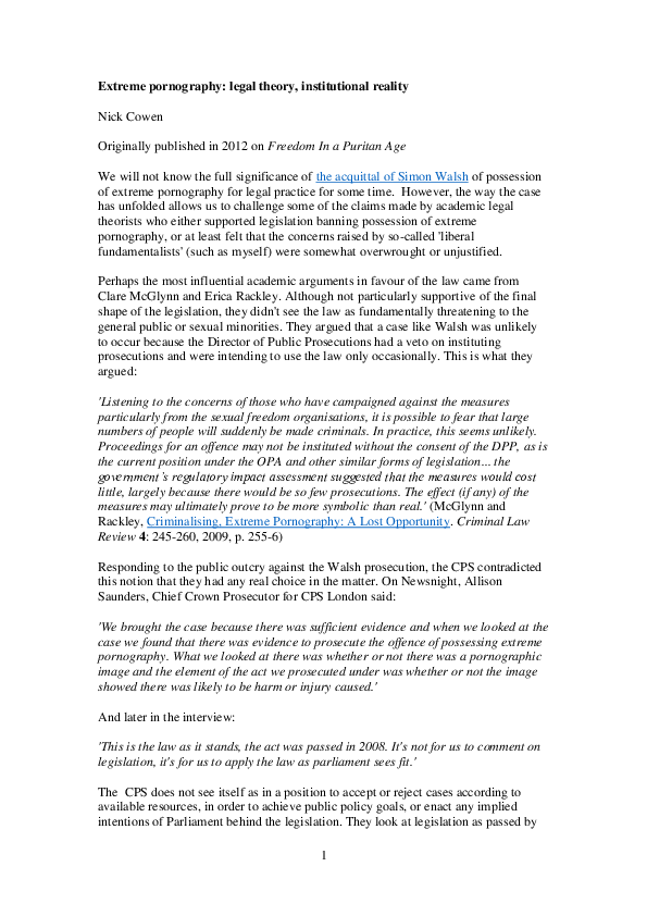 (PDF) Extreme Pornography: Legal Theory, Institutional Reality