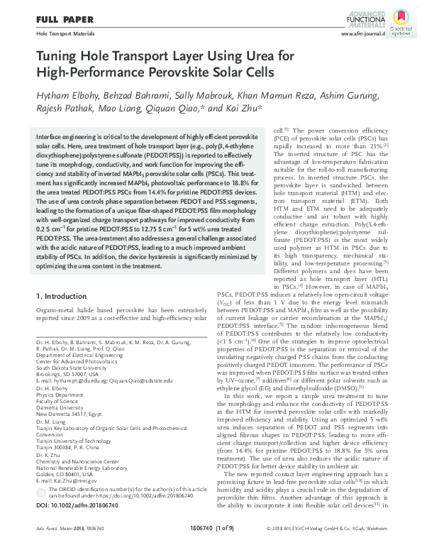 (PDF) Tuning Hole Transport Layer Using Urea for High-Performance Perovskite Solar Cells