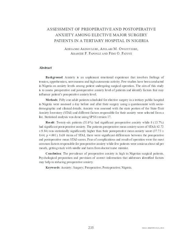 (PDF) ASSESSMENT OF PREOPERATIVE AND POSTOPERATIVE ANXIETY AMONG ...