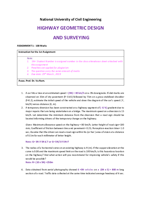 (PDF) HIGHWAY GEOMETRIC DESIGN AND SURVEYING ASSIGNMENT 1: 100 Marks