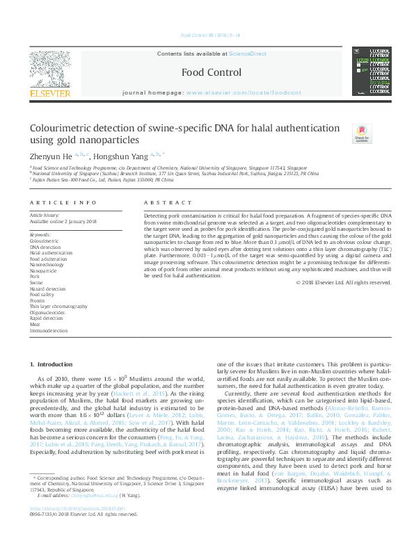 Pdf Colourimetric Detection Of Swine Specific Dna For Halal Authentication Using Gold