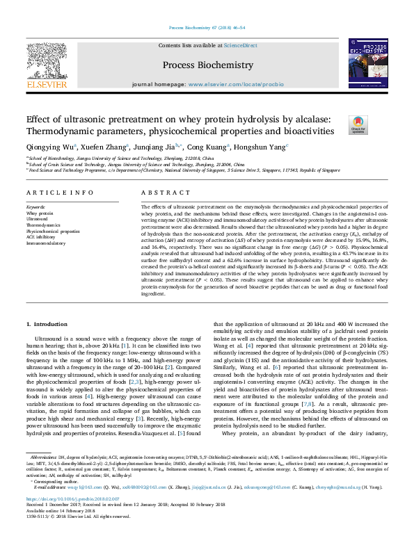 (PDF) Ultrasonic Pretreatment Enhances Whey Protein Hydrolysis and Bioactivities