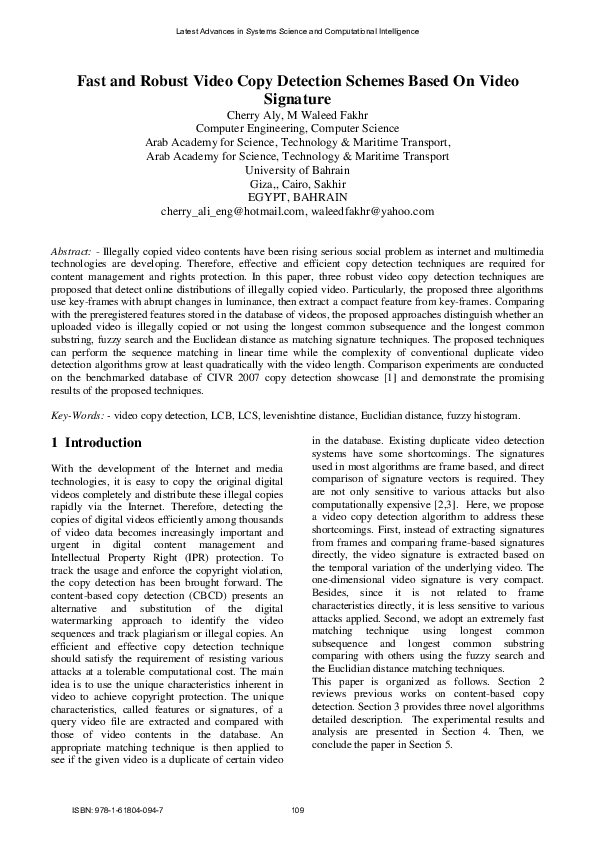 (PDF) Fast and Robust Video Copy Detection Schemes Based On Video Signature