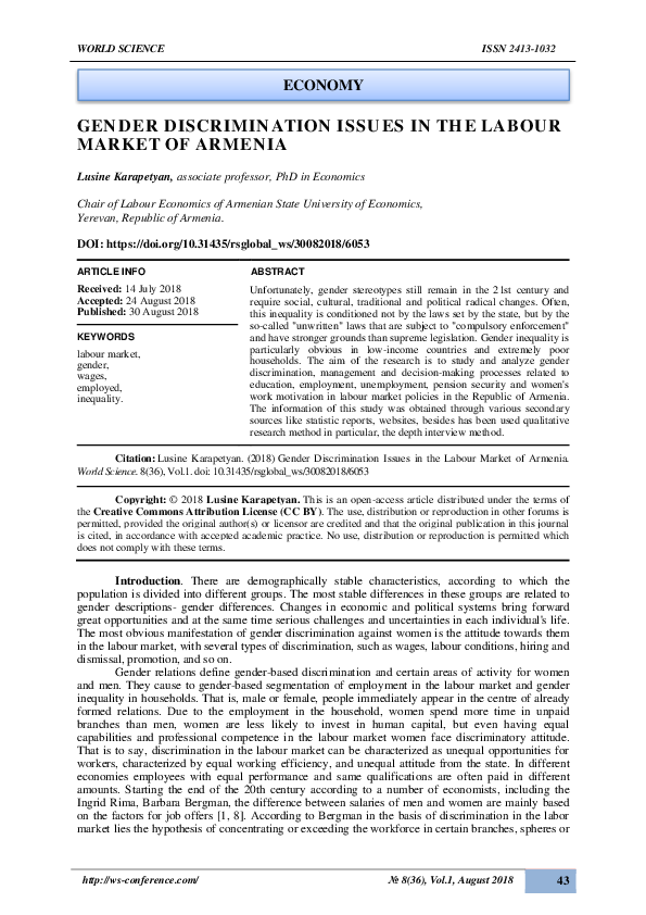 (PDF) GENDER DISCRIMINATION ISSUES IN THE LABOUR MARKET OF ARMENIA