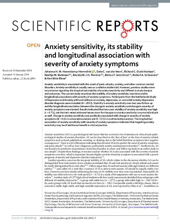 (PDF) Anxiety sensitivity, its stability and longitudinal association ...