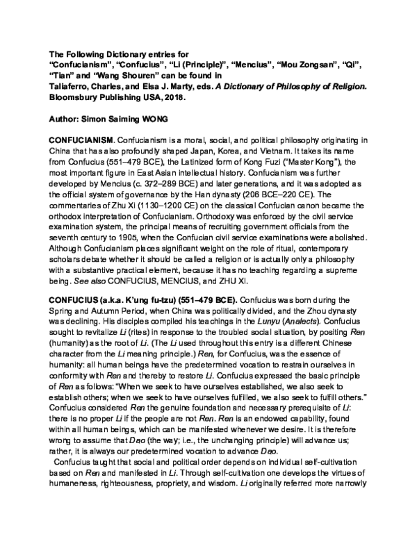 (PDF) Dictionary entries for “Confucianism”, “Confucius”, “Li ...
