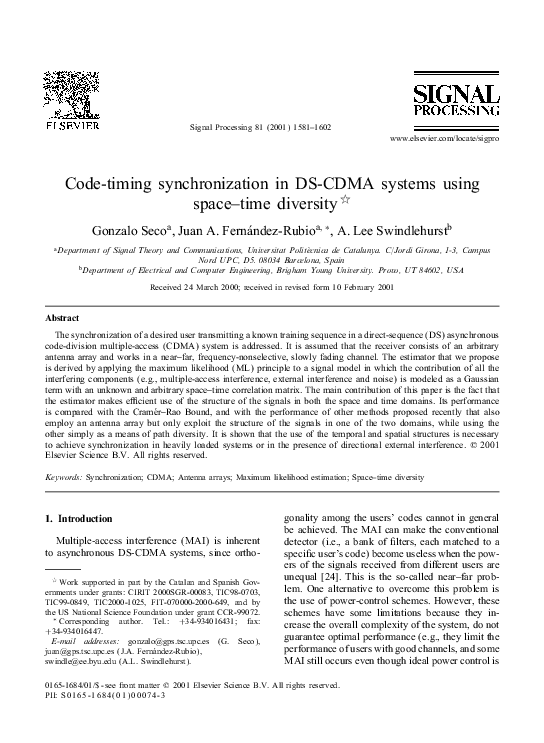 Pdf Code Timing Synchronization In Ds Cdma Systems Using Spacetime