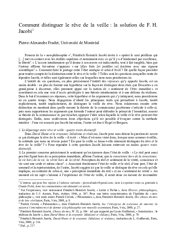 (DOC) Comment distinguer le rêve de la veille : la solution de F.H. Jacobi
