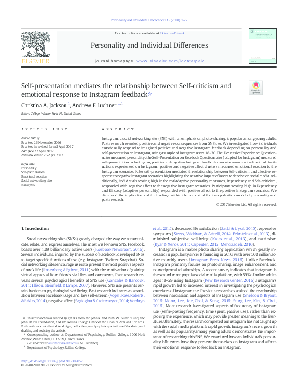 (PDF) Self-presentation mediates the relationship between Self ...