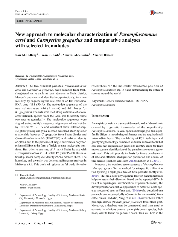 (PDF) New approach to molecular characterization of Paramphistomum ...