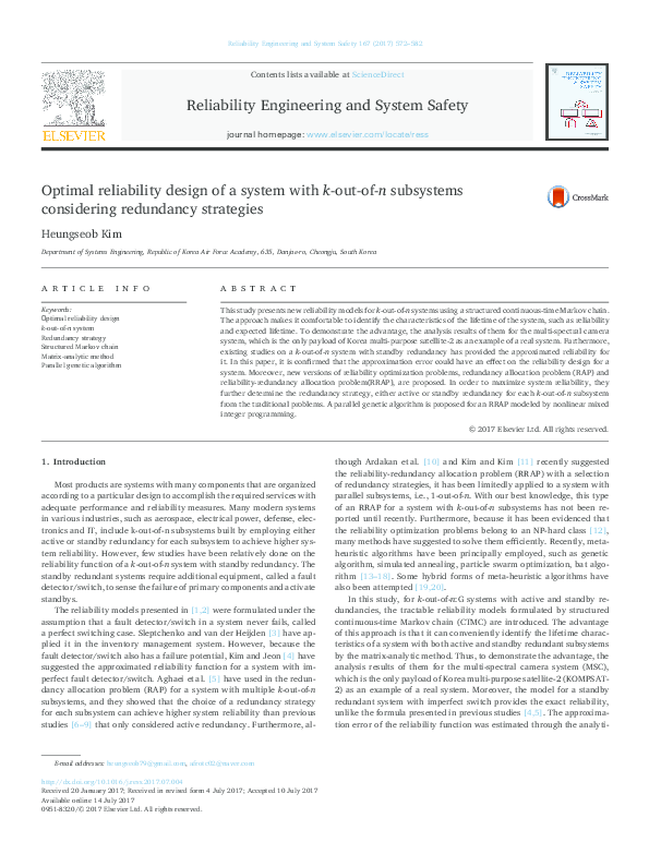 Pdf Optimal Reliability Design Of A System With K Out Of N Subsystems Considering Redundancy