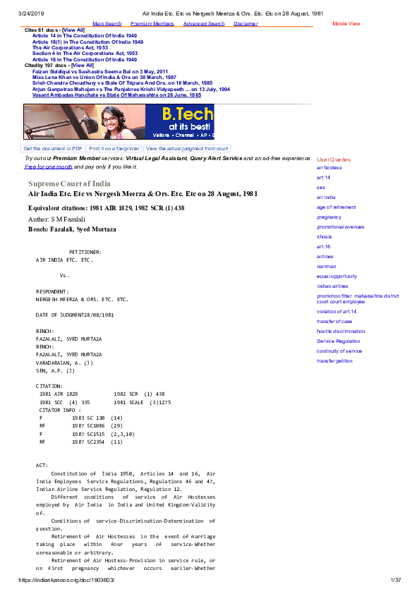 (PDF) Air India Etc. Etc vs Nergesh Meerza & Ors. Etc. 15(3)