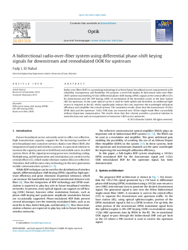 (PDF) A bidirectional radio over fiber system using differential phase shift keying signals ...