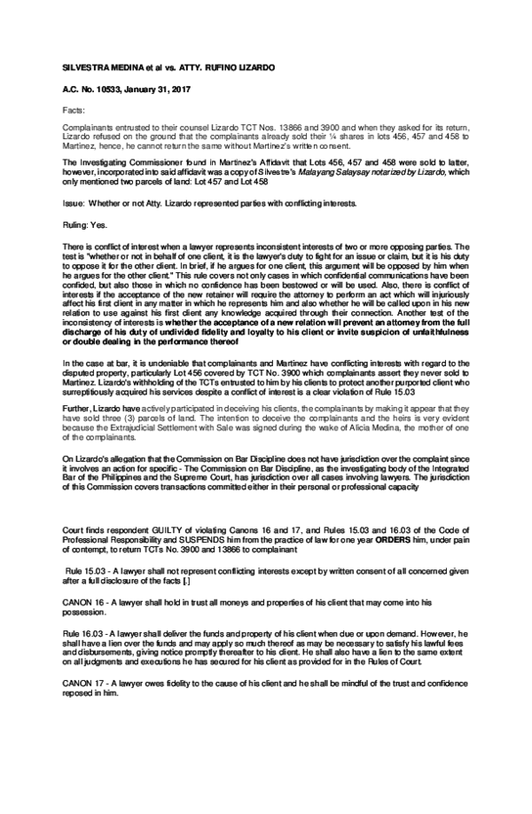 (DOC) SILVESTRA MEDINA vs. ATTY. RUFINO LIZARDO