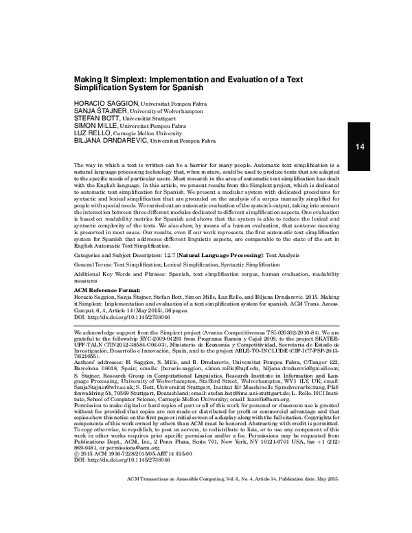 Pdf Making It Simplext Implementation And Evaluation Of A Text Simplification System For Spanish