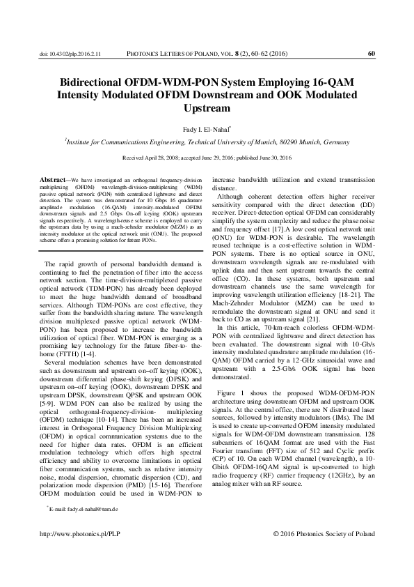 (PDF) Bidirectional OFDM WDM PON System Employing 16 QAM Intensity ...