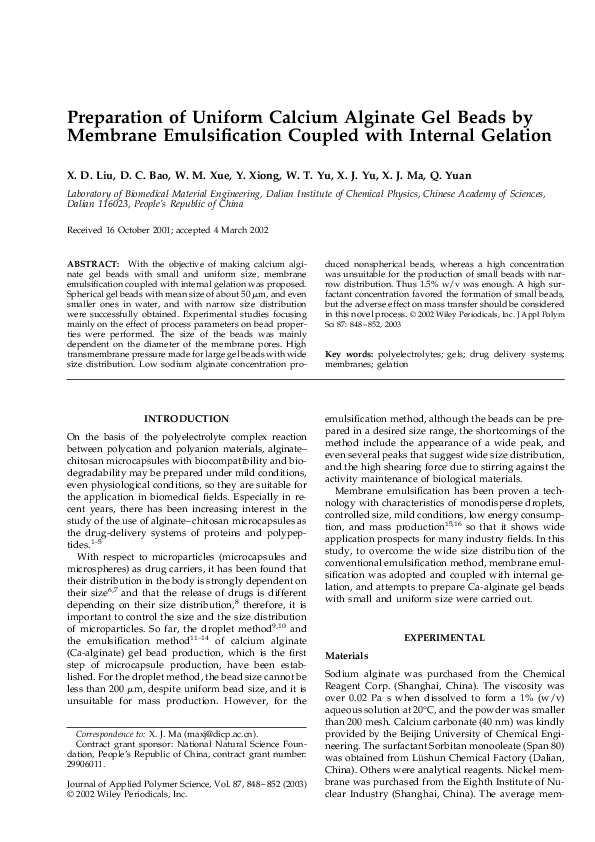 (PDF) Preparation of uniform calcium alginate gel beads by membrane ...