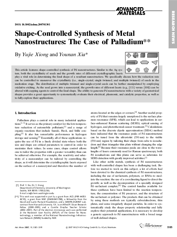 (PDF) Shape-Controlled Synthesis of Metal Nanostructures: The Case of Palladium
