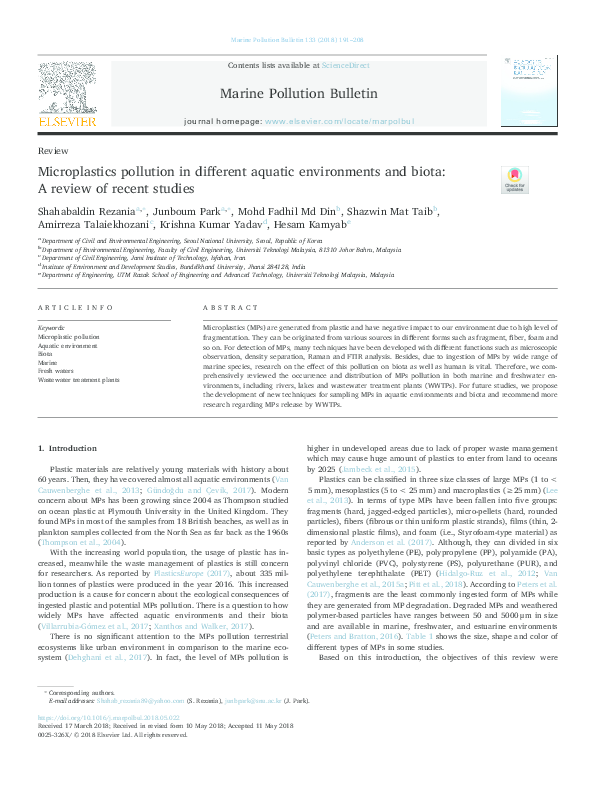 (PDF) Microplastics pollution in different aquatic environments and biota: A review of recent ...