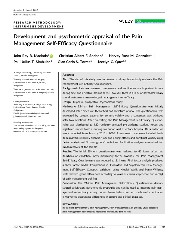 (PDF) Development and psychometric appraisal of the Pain Management ...