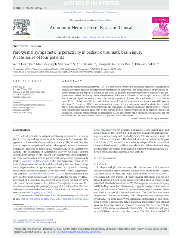 (PDF) Paroxysmal sympathetic hyperactivity in pediatric traumatic brain ...