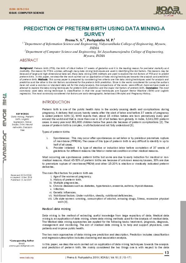 (PDF) PREDICTION OF PRETERM BIRTH USING DATA MINING-A SURVEY