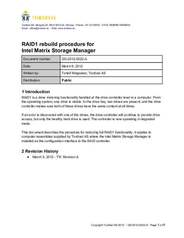 (PDF) RAID1 rebuild procedure for Intel Matrix Storage Manager Document number