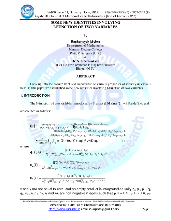 (PDF) SOME NEW IDENTITIES INVOLVING I-FUNCTION OF TWO VARIABLES