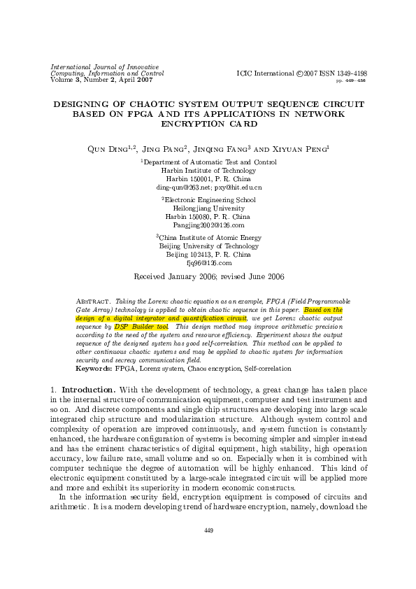 Pdf Designing Of Chaotic System Output Sequence Circuit Based On Fpga
