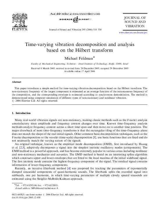 Pdf Time Varying Vibration Decomposition And Analysis Based On The Hilbert Transform