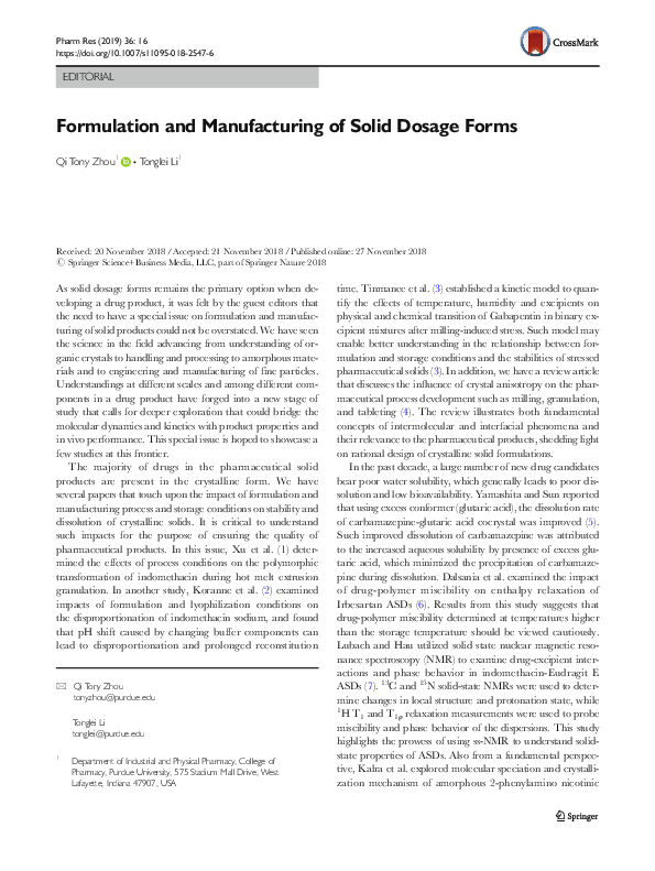 (PDF) Formulation and Manufacturing of Solid Dosage Forms