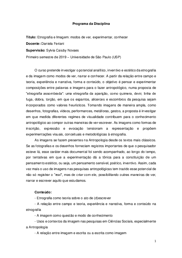 (PDF) Programa da disciplina Etnografia e Imagem: modos de ver, experimentar, conhecer