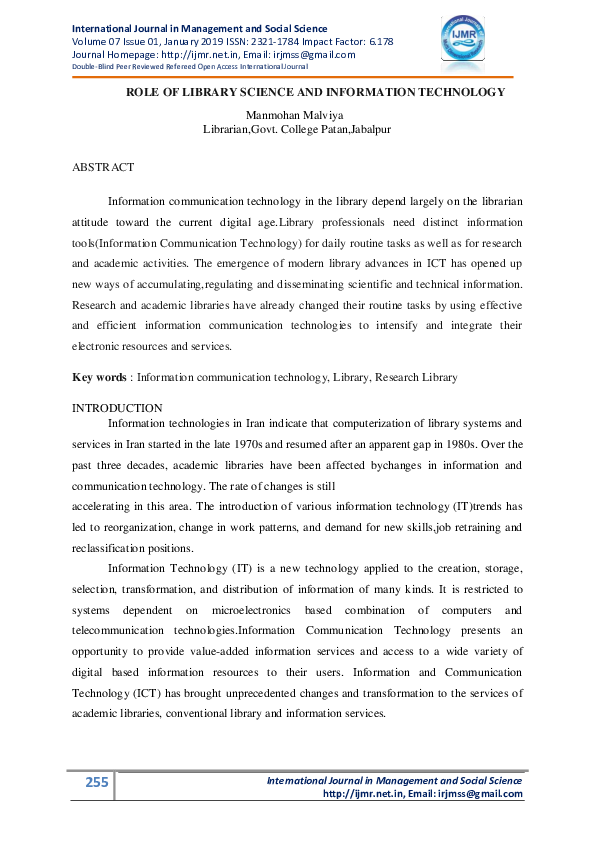 (PDF) ROLE OF LIBRARY SCIENCE AND INFORMATION TECHNOLOGY
