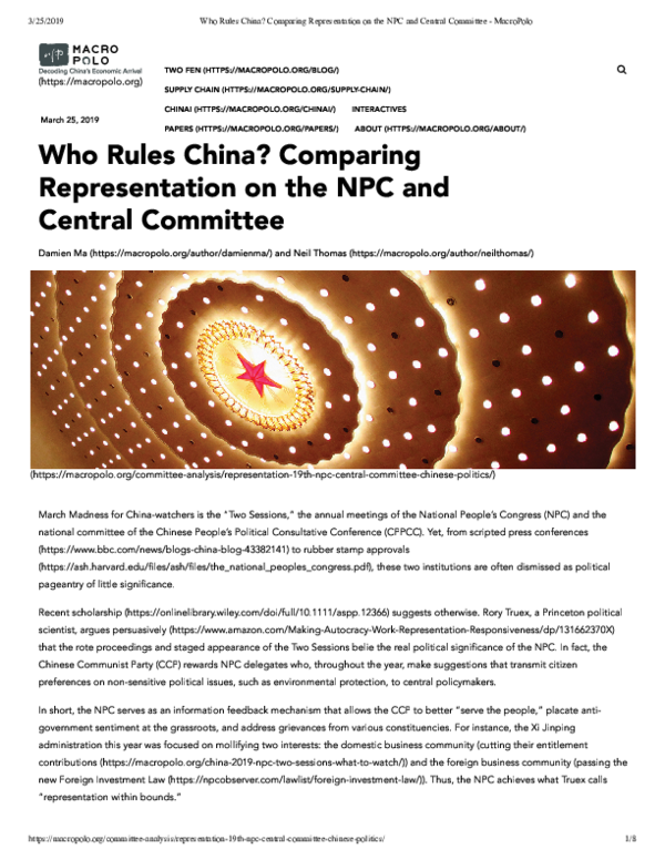 (PDF) Who Rules China? Comparing Representation on the NPC and Central ...