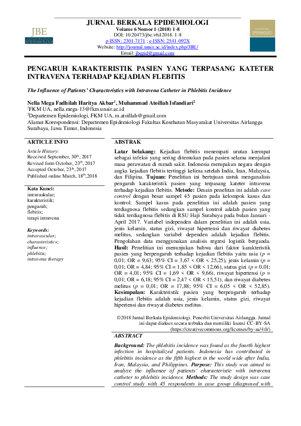 (PDF) The Influence of Patients’ Characteristics with Intravena Catheter in Phlebitis Incidence