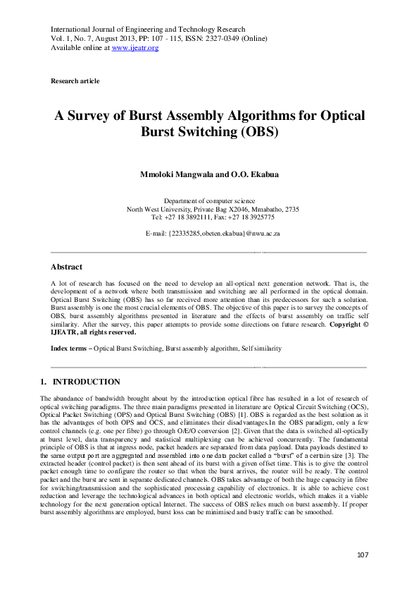 Pdf A Survey Of Burst Assembly Algorithms For Optical Burst Switching Obs
