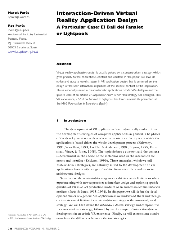 Pdf Interaction Driven Virtual Reality Application Design A Particular Case El Ball Del