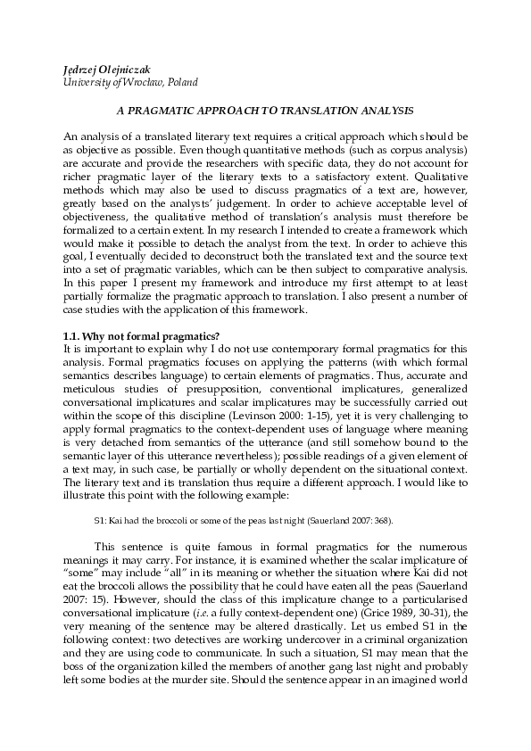 (PDF) A Pragmatic Approach to Translation Analysis