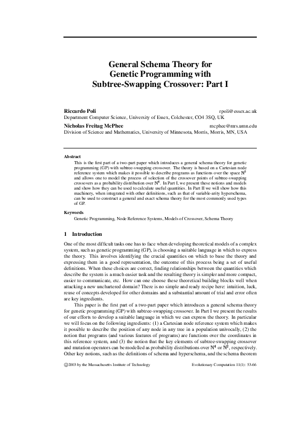 (PDF) General schema theory for genetic programming with subtree-swapping crossover: Part I