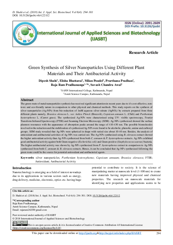 (PDF) Green Synthesis of Silver Nanoparticles Using Different Plant ...
