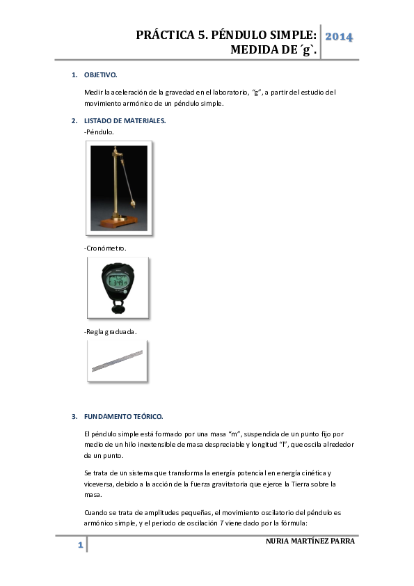 (PDF) PRÁCTICA 5. PÉNDULO SIMPLE: MEDIDA DÉg`. 2014