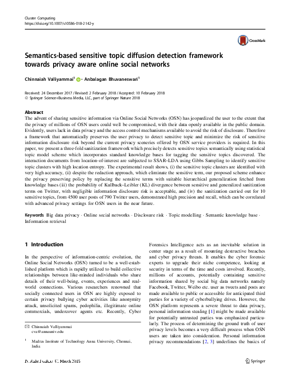 Pdf Semantics Based Sensitive Topic Diffusion Detection Framework Towards Privacy Aware Online