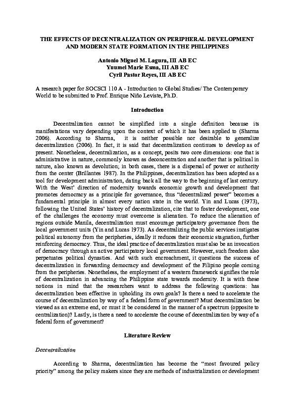 (PDF) THE EFFECTS OF DECENTRALIZATION ON PERIPHERAL DEVELOPMENT AND ...