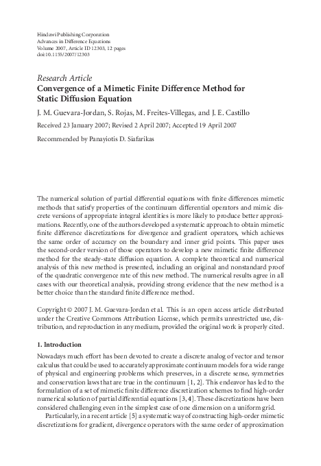 Pdf Convergence Of A Mimetic Finite Difference Method For Static Diffusion Equation