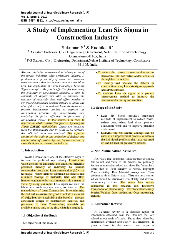 (PDF) A Study of Implementing Lean Six Sigma in Construction Industry