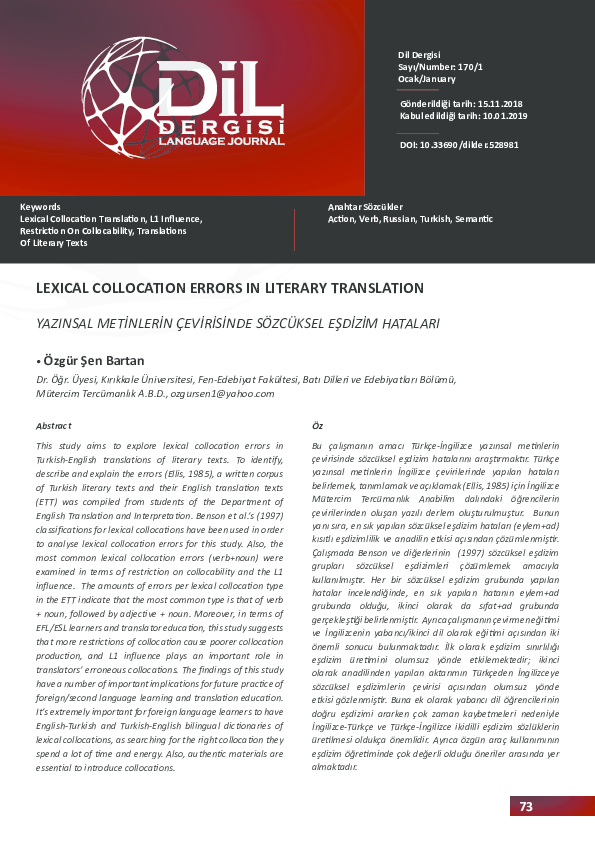 (PDF) LEXICAL COLLOCATION ERRORS IN LITERARY TRANSLATION YAZINSAL ...